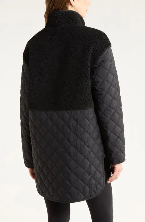 Zella Faux Shearling Hybrid Quilted Long Jacket - Black
