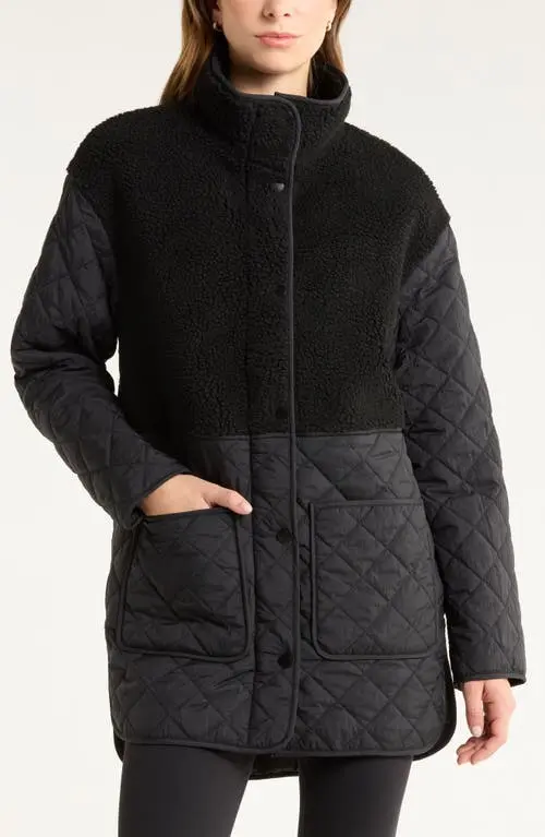 Zella Faux Shearling Hybrid Quilted Long Jacket - Black