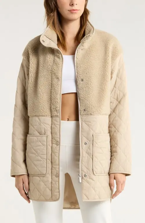 Zella Faux Shearling Hybrid Quilted Long Jacket - Tan Oxford