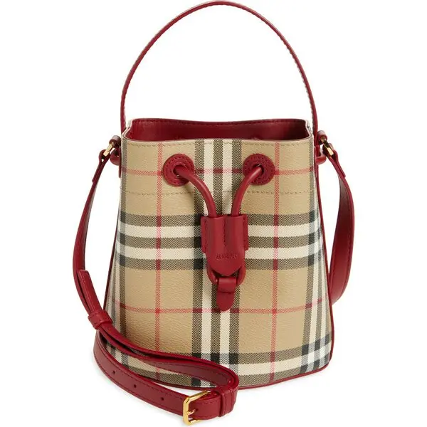 Burberry Mini Check Bucket Bag - Archive Beige/ruby Red
