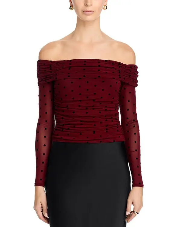 Aqua Off-the-shoulder Polka Dot Mesh Top - Burgundy/black
