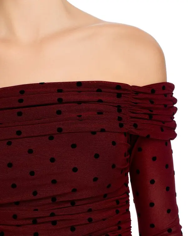 Aqua Off-the-shoulder Polka Dot Mesh Top - Burgundy/black