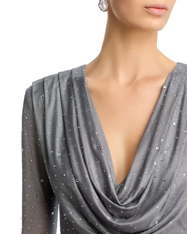 knee length dresses for ladies Space Oddity Metallic Knit Cowl Neck Mini Dress, Silver / M
