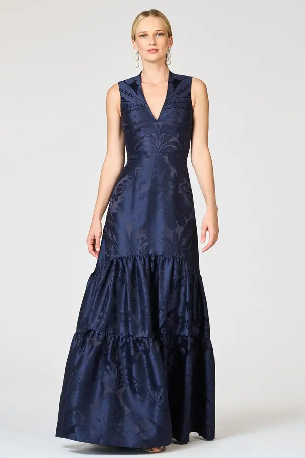 Sachin & Babi Floral Damask Empire Waist Gown - Deep Ocean