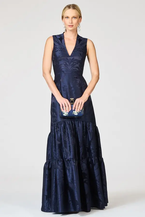 Sachin & Babi Floral Damask Empire Waist Gown - Deep Ocean