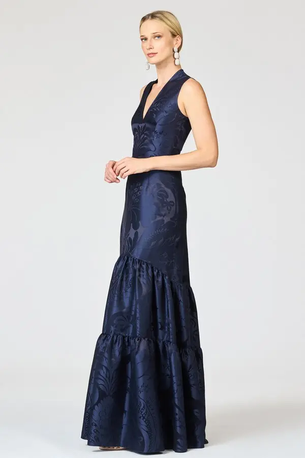 Sachin & Babi Floral Damask Empire Waist Gown - Deep Ocean