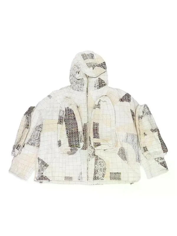 WHO DECIDES WAR BY EV BRAVADO Tweed Patchwork Hooded Jacket - White