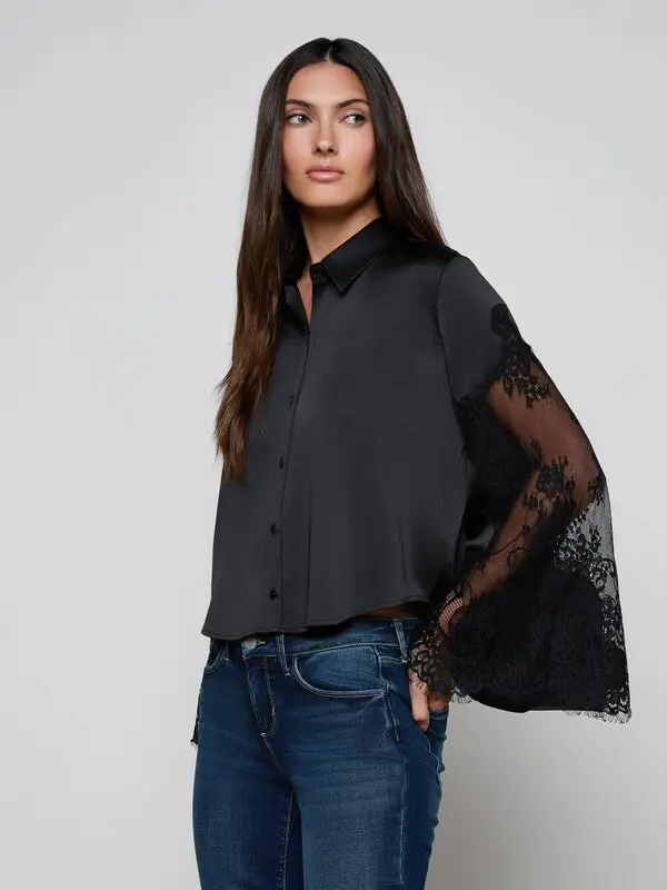 L'Agence Capri Lace Sleeve Blouse Top - Black