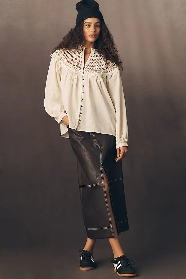 PILCRO Lace Yoke Peasant Blouse