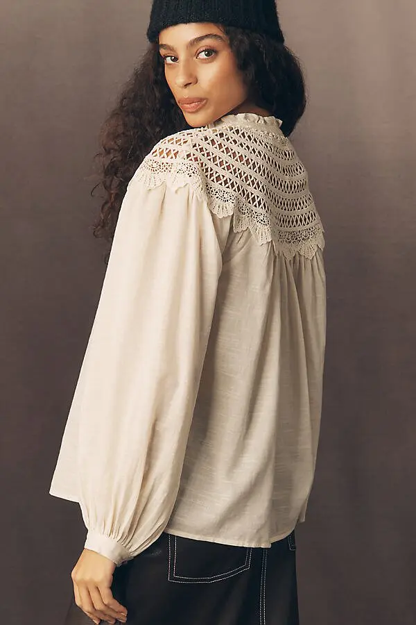 PILCRO Lace Yoke Peasant Blouse