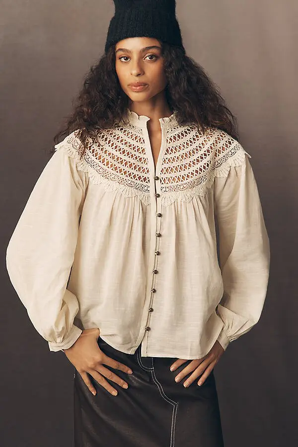 PILCRO Lace Yoke Peasant Blouse