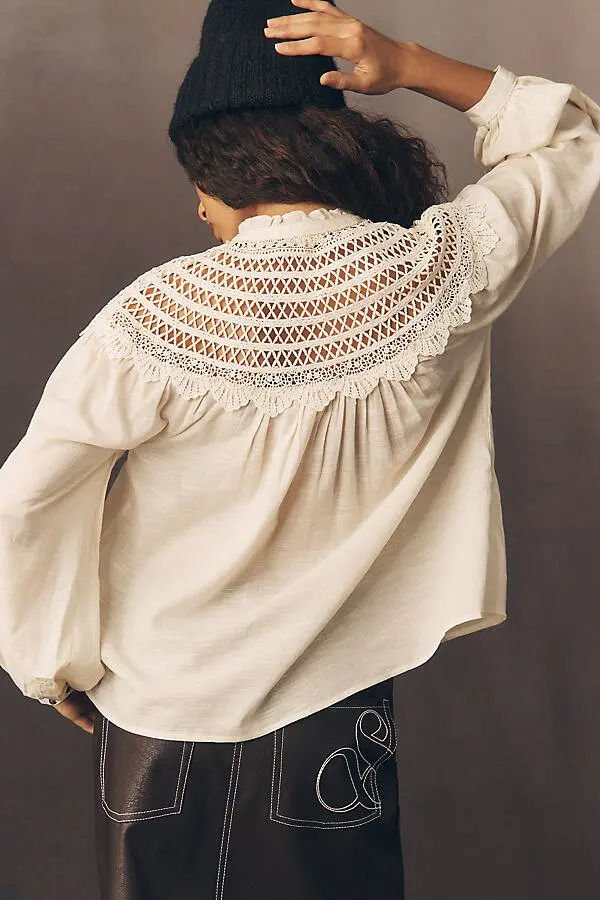 PILCRO Lace Yoke Peasant Blouse