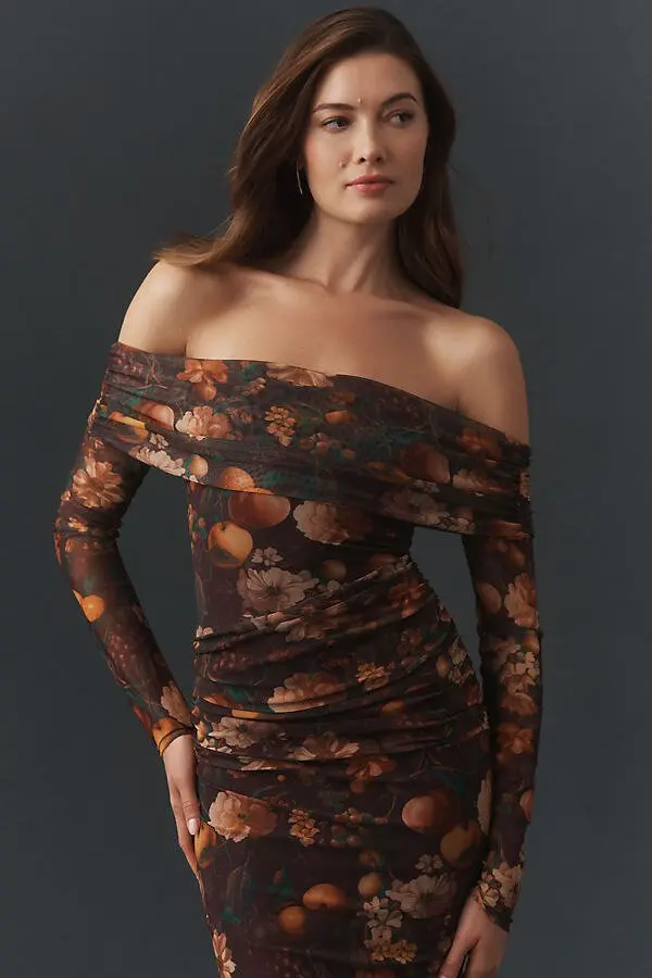 Bhldn Off-shoulder Long-sleeve Ruched Maxi Dress