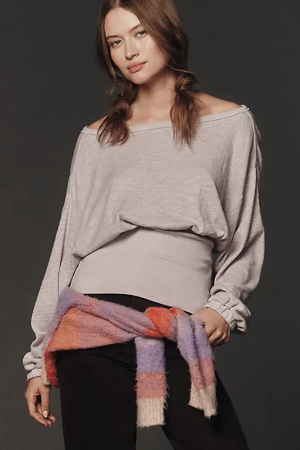 PILCRO Waisted Long-sleeve Boatneck Top - Iced Iris Cloud
