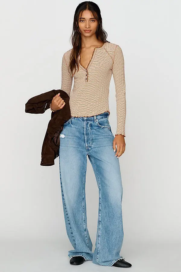 PILCRO Long-sleeve Ruffled Lace-trim Henley Top - Neutral Pattern