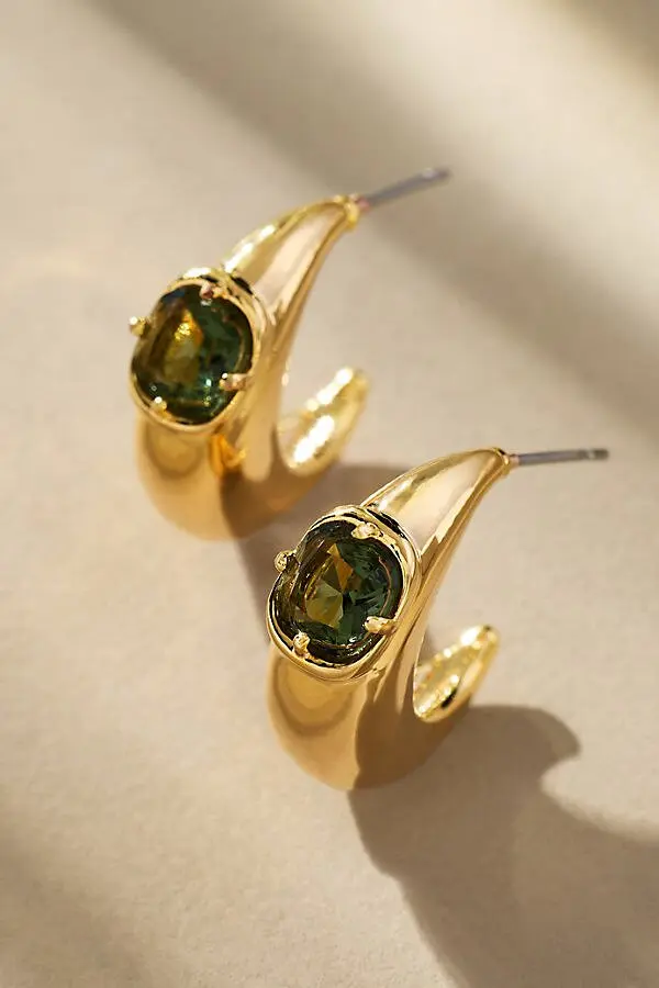 Anthropologie Crystal Stone Hoop Earrings - Emerald