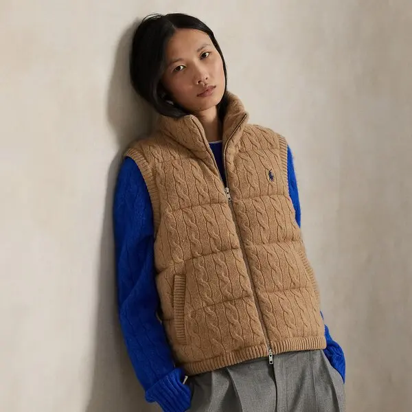 Ralph Lauren Cable-knit Wool-cashmere Puffer Vest - Collection Camel Melange