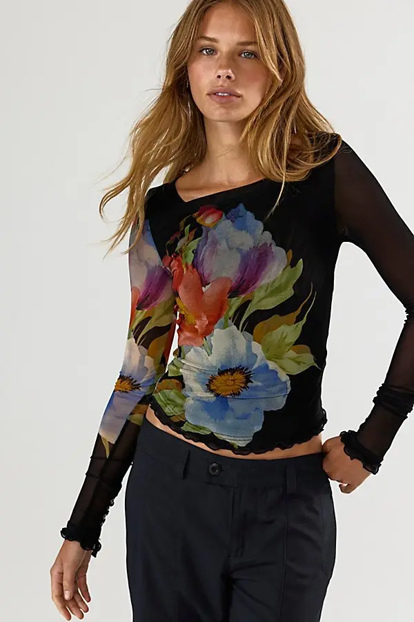 Free People Lilly Printed Long Sleeve Mesh Top - Black Combo