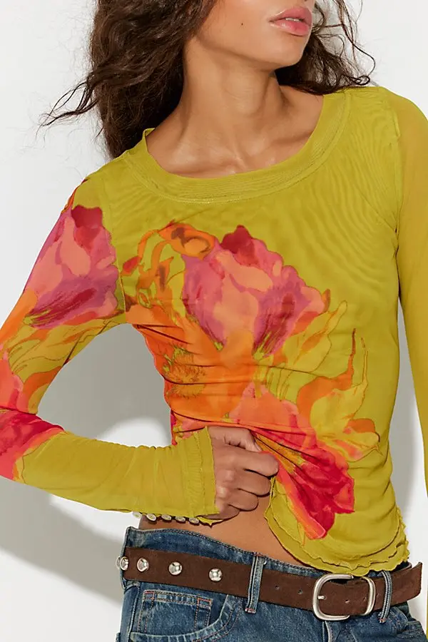 Free People Lilly Printed Long Sleeve Top - Citron Combo