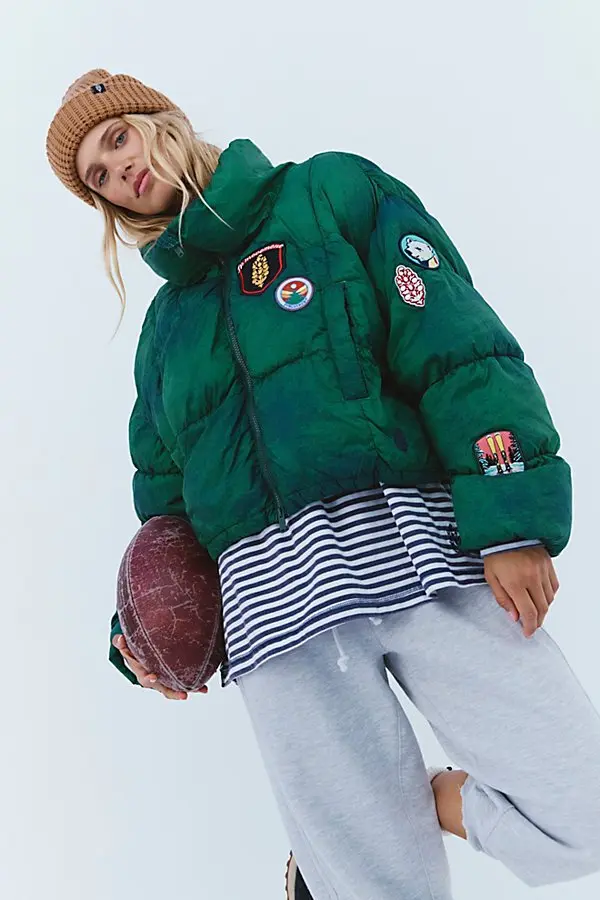Free People In A Bubble Patch Puffer Jacket - Evergreen Patch Combo