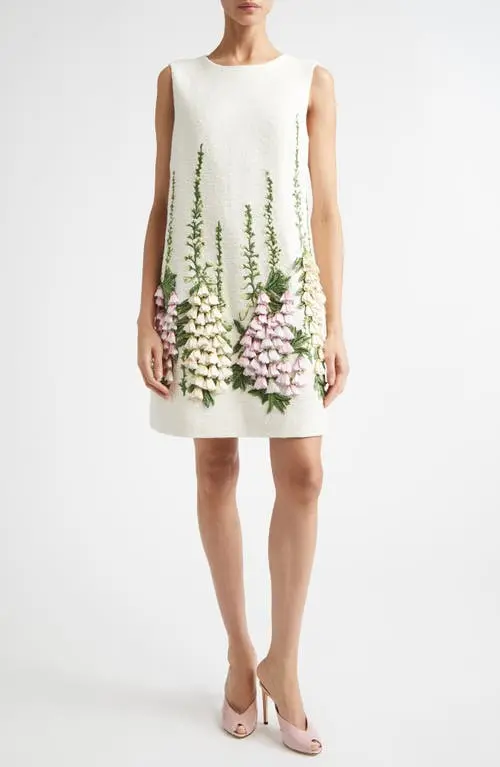 Oscar De La Renta Floral Embroidered Tweed Shift Dress