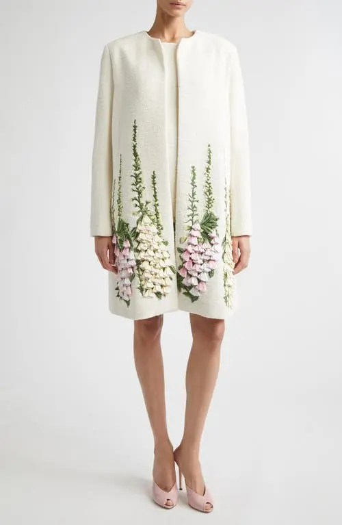 Oscar De La Renta Floral Embroidered Tweed Shift Dress