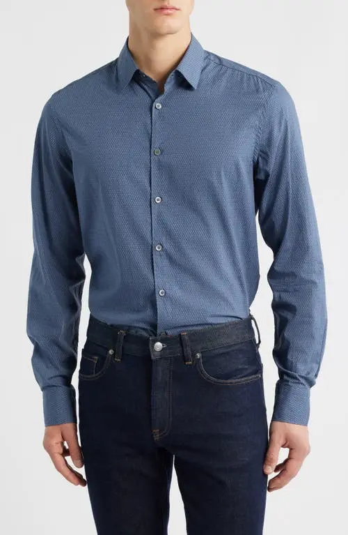 Canali Regular Fit Geometric Print Cotton Blend Button-up Shirt - Blue