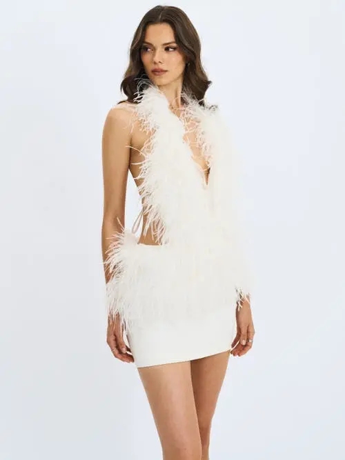 MISS CIRCLE NEW YORK Feathered Halter Mini Dress