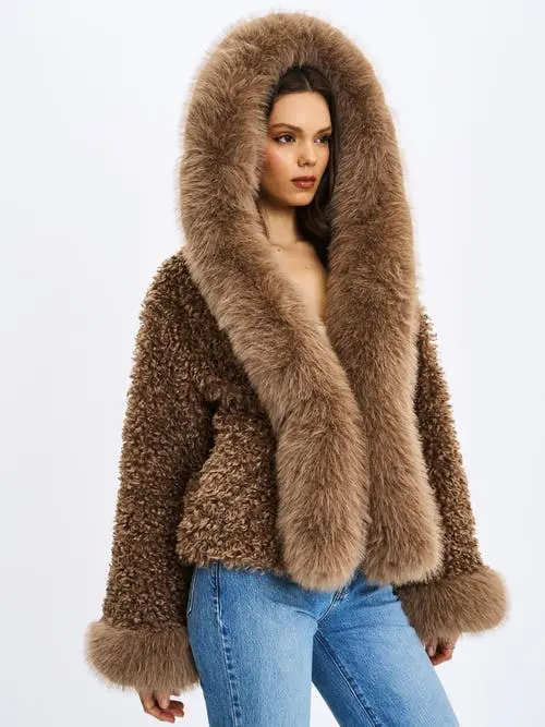 MISS CIRCLE NEW YORK Faux Shearling Fur Jumbo Kali Hooded Coat