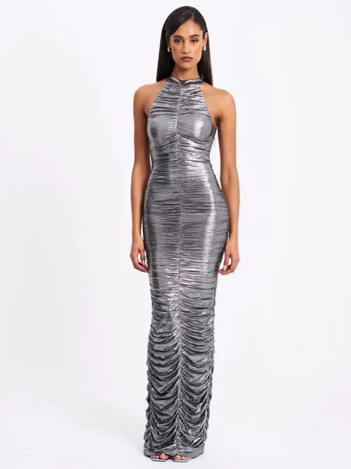 MISS CIRCLE NEW YORK Abril Ruched Glitter Backless Gown