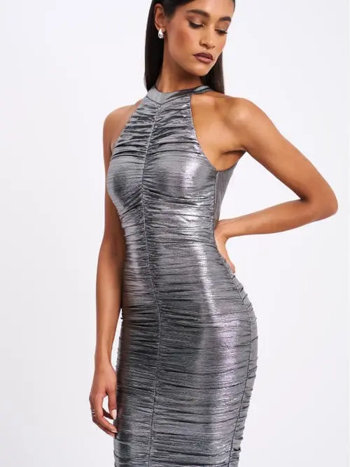 MISS CIRCLE NEW YORK Abril Ruched Glitter Backless Gown