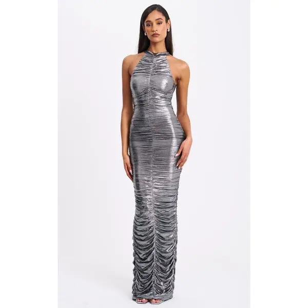 MISS CIRCLE NEW YORK Abril Ruched Glitter Backless Gown - Silver