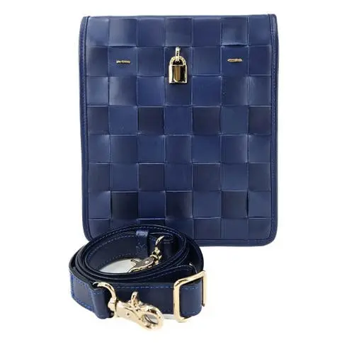 MADISON MAISON Woven Leather Crossbody Bag With Lock - Navy