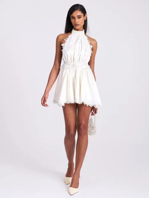MISS CIRCLE NEW YORK Beaded Lace Trim Backless Halter Mini Dress