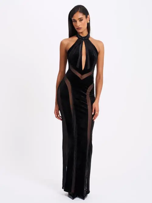 MISS CIRCLE NEW YORK Paityn Velvet Mesh Cutout Halter Gown