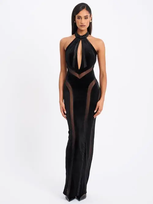 MISS CIRCLE NEW YORK Paityn Velvet Mesh Cutout Halter Gown