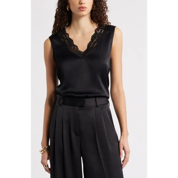 Nordstrom Lace Trim Satin Tank - Black