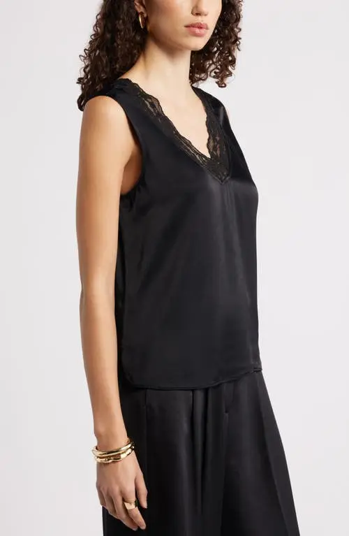 Nordstrom Lace Trim Satin Tank - Black