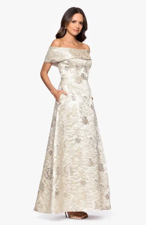 Xscape Evenings Metallic Floral Brocade Off-The-Shoulder Gown - Champagne -  50% Off | Editorialist