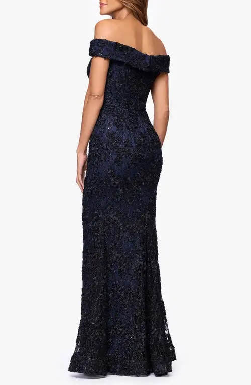 XSCAPE EVENINGS Sequin And Lace Off-the-shoulder Gown