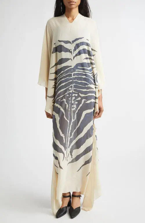 CONNER IVES Hand-painted Zebra Print Long Sleeve Silk Chiffon Caftan - Pebble