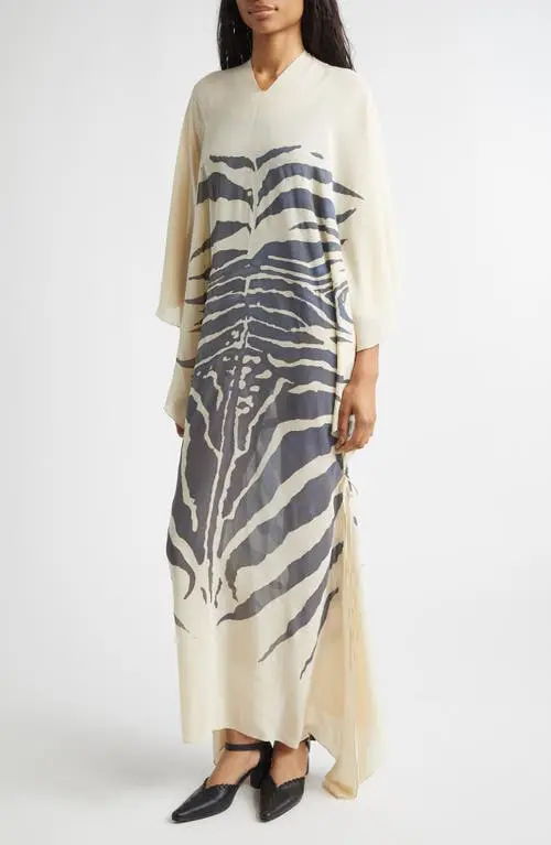 CONNER IVES Hand-painted Zebra Print Long Sleeve Silk Chiffon Caftan