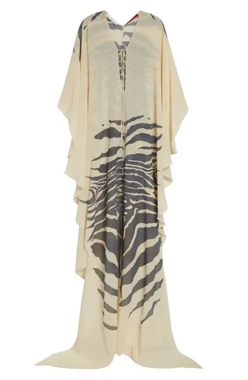 CONNER IVES Hand-painted Zebra Print Long Sleeve Silk Chiffon Caftan