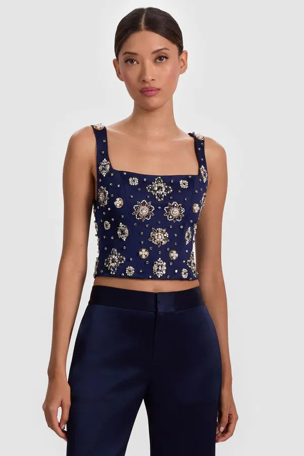 Alice + Olivia Lilianna Embellished Corset Top - Navy