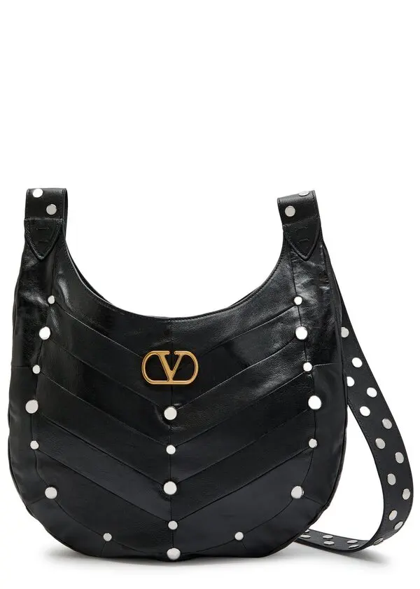 Valentino Garavani Logo-plaque Studded Chevron Leather Hobo Bag - Black