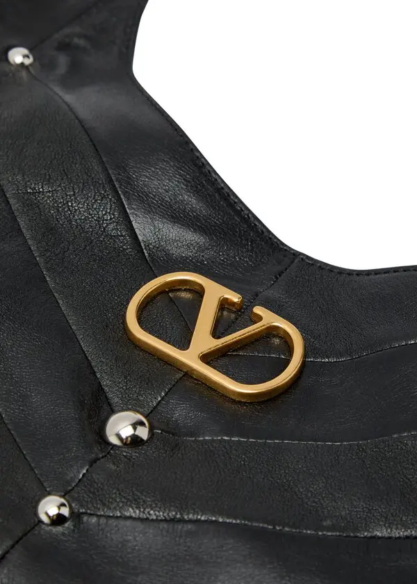 Valentino Garavani Logo-plaque Studded Chevron Leather Hobo Bag - Black