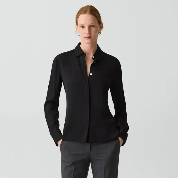 Theory Fitted Silk Georgette Shirt - Black