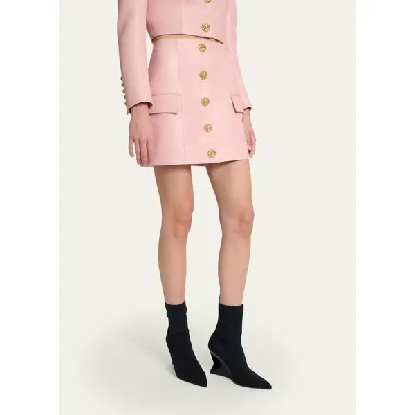 Balmain Button-front Mini Leather Skirt