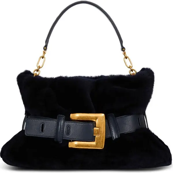 Balmain Anthem Medium Shearling Shoulder Bag