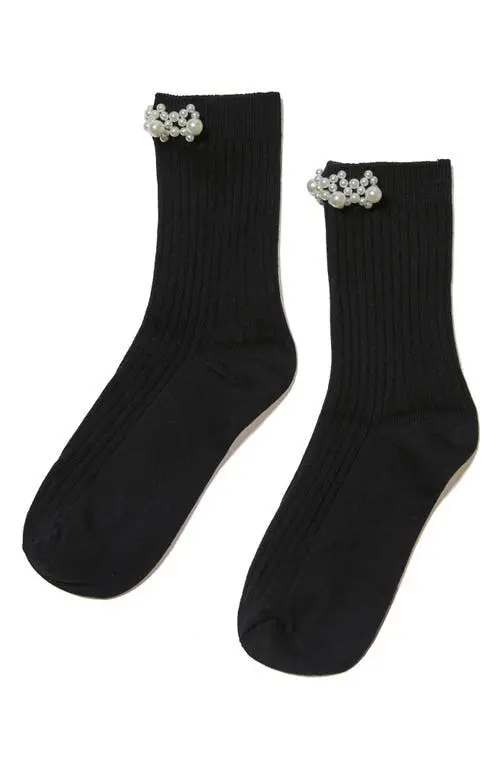 STEMS Faux Pearl Trimmed Crew Socks - Black
